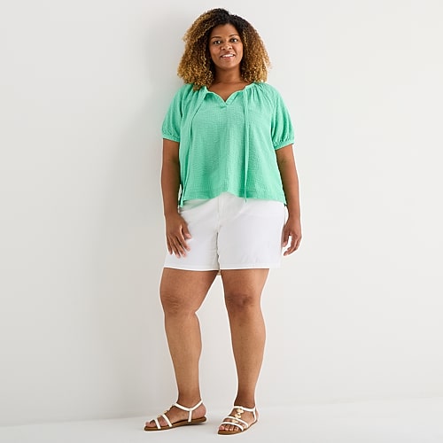 Click here for St. Johns Bay Womens 6 Mid Rise Plus Chino Short... prices
