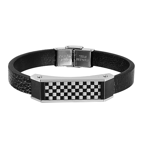 Click here for Mens Two-Tone Stainless Steel Leather Bracelet  On... prices