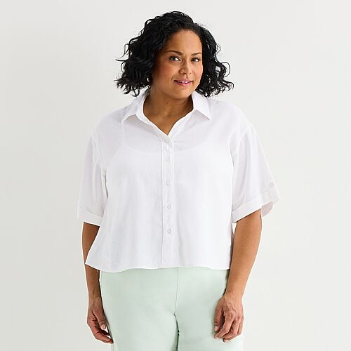Click here for Liz Claiborne Linen Womens Plus Roll Tab Short Sle... prices