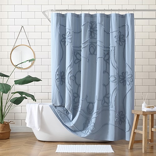 Peri Home Retro Scroll Cotton Shower Curtain  72 x 72 - Blue