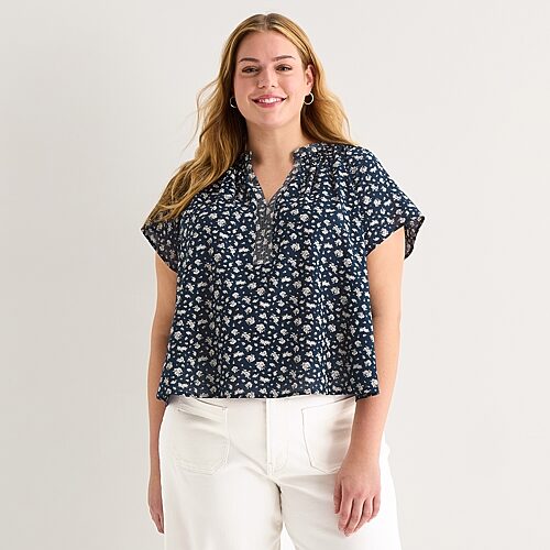 Click here for a.n.a Womens Plus Split Crew Neck Short Sleeve Blo... prices