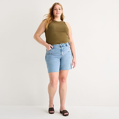 Click here for a.n.a Embellished Womens Plus High Rise 5 Denim Sh... prices