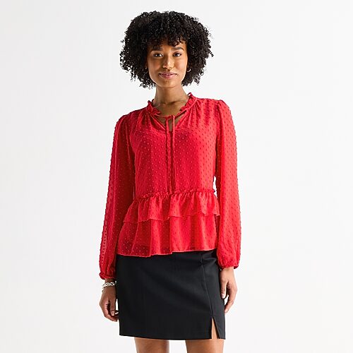 Click here for by&by Womens Juniors Split Tie Neck Long Sleeve Bl... prices