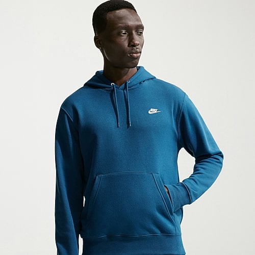 Nike Mens Club Fleece Premium Embroidered Pullover Hoodie in Court Blue/Court Blue/Light Khaki Size: L Tall