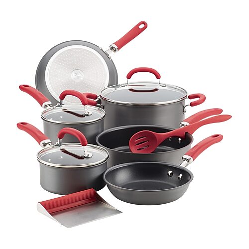 Rachael Ray Create Delicious Hard-Anodized Aluminum 11-Pc. Nonstick Cookware Set - Gray With Red Handles