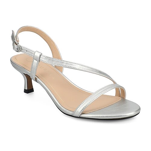 Journee Collection Womens Jemry Asymmetrical Strap Kitten Heel Strap Dress Sandals - Silver
