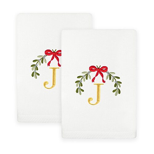 Click here for Linum Home Christmas Mistletoe Monogram White Embr... prices