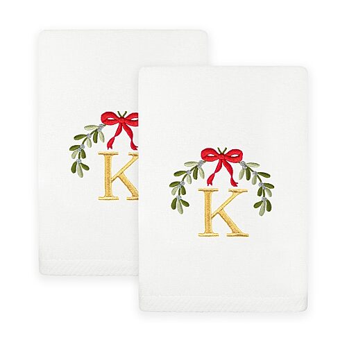 Linum Home Christmas Mistletoe Monogram White Embroidered Luxury Turkish Cotton Hand Towels  2 Piece Set - K