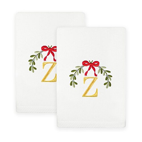 Linum Home Christmas Mistletoe Monogram White Embroidered Luxury Turkish Cotton Hand Towels  2 Piece Set - Z