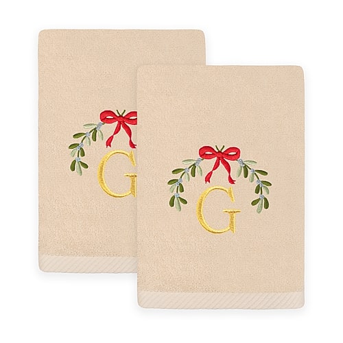Click here for Linum Home Christmas Mistletoe Monogram Beige Embr... prices