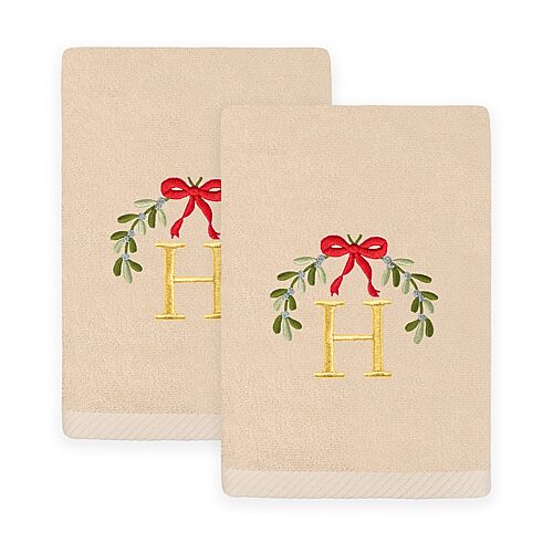 Linum Home Christmas Mistletoe Monogram Beige Embroidered Luxury Turkish Cotton Hand Towels  2 Piece Set - H
