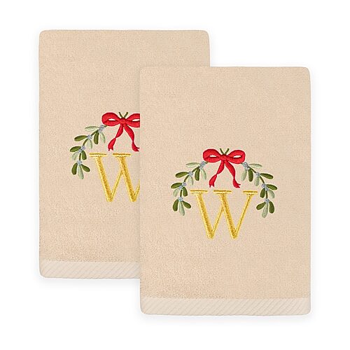 Linum Home Christmas Mistletoe Monogram Beige Embroidered Luxury Turkish Cotton Hand Towels  2 Piece Set - W