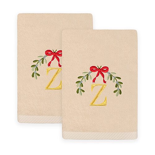 Click here for Linum Home Christmas Mistletoe Monogram Beige Embr... prices