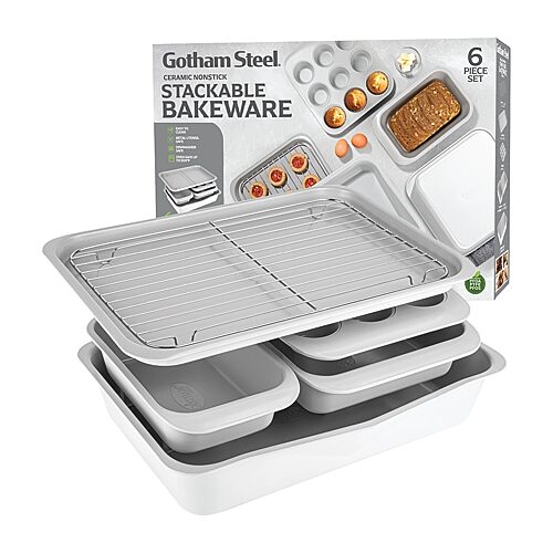 6-Piece Nonstick Stackable Nesting Bakeware Set - White