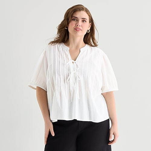 Click here for a.n.a Womens Plus Split Tie Neck Short Sleeve Blou... prices