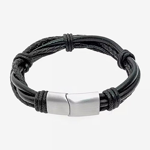 Click here for Mens Black Leather Bracelet with Stainless Steel M... prices