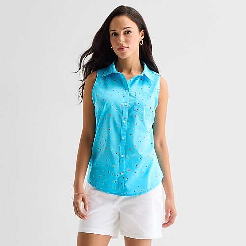 Click here for St. Johns Bay Womens Sleeveless Regular Fit Button... prices
