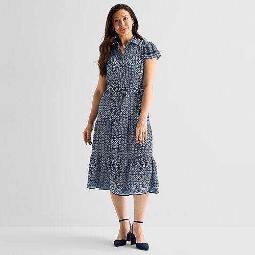 Click here for Womens Perceptions Flutter Sleeve Geometric Airflo... prices