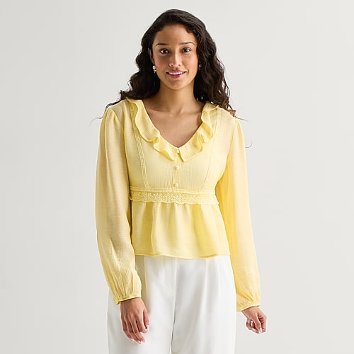 Click here for by&by Womens Juniors V Neck Long Sleeve Blouse  Me... prices