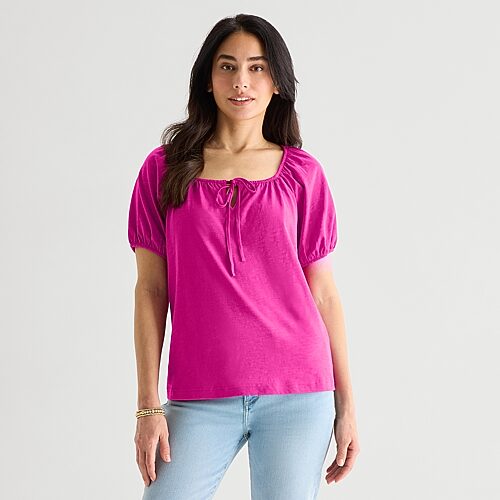 Click here for St. Johns Bay Womens Split Tie Neck Short Sleeve B... prices