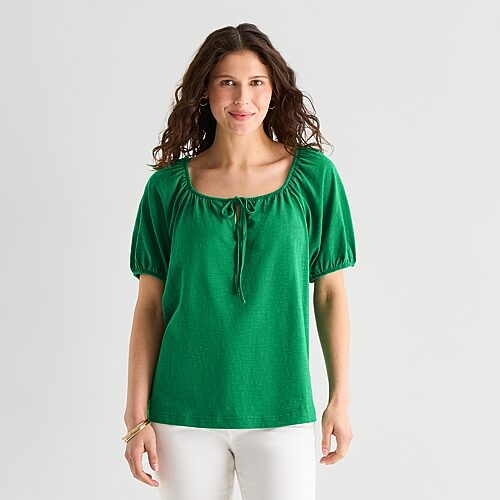 Click here for St. Johns Bay Womens Split Tie Neck Short Sleeve B... prices