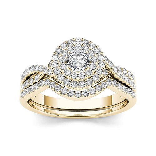Click here for 3/4 CT.T.W. Natural Diamond Halo 14K Yellow Gold B... prices
