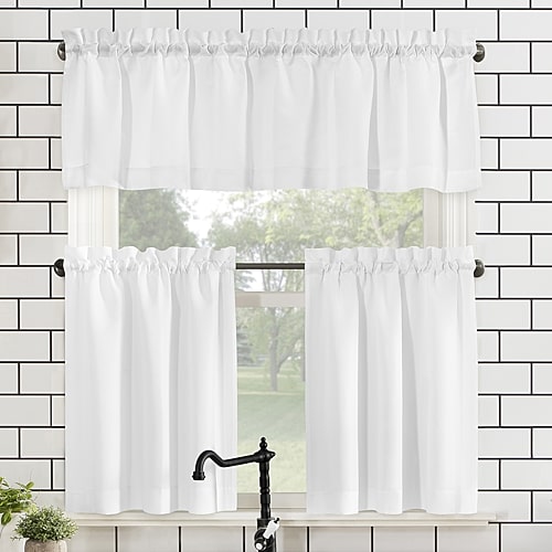 Martine Microfiber Semi-Sheer Rod Pocket Kitchen Curtain Valance and Tiers Set - White