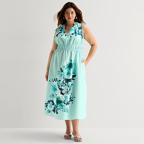 Click here for Melonie T Womens Plus Midi V Neck Sleeveless Flora... prices