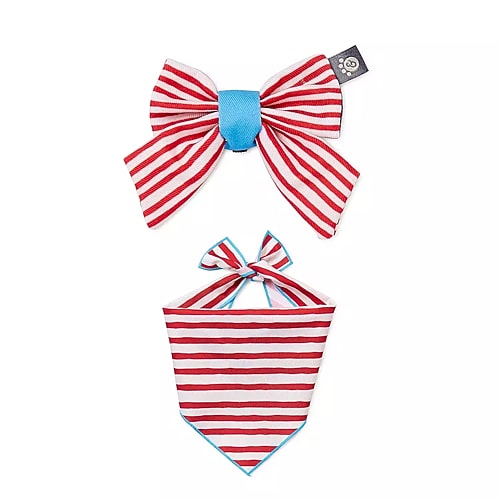 Click here for Paw & Tail Striped Dog Bandana & Bow Set  One Size... prices