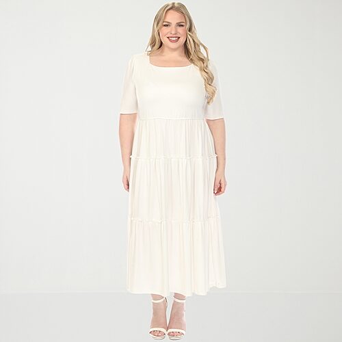 White Mark Plus Size Square Neck Short Sleeve Tiered Dress - Off-white