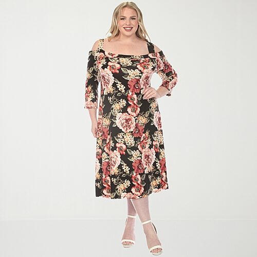 White Mark Plus Size Cold Shoulder 3/4 Sleeve Dress - Black