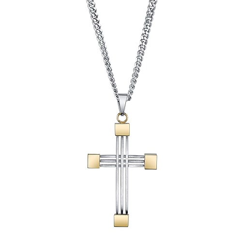 Click here for Mens Stainless Steel and Yellow IP Cross Pendant N... prices