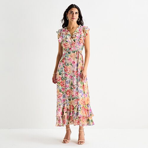 Click here for Melonie T Womens V Neck Sleeveless Ruffled Maxi Dr... prices
