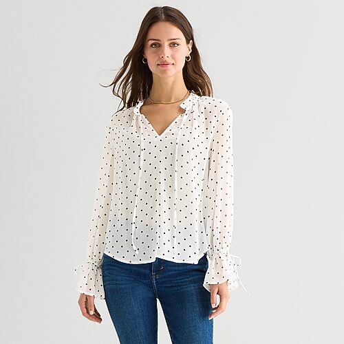 Click here for a.n.a Sheer Womens Split Tie Neck Long Sleeve Blou... prices