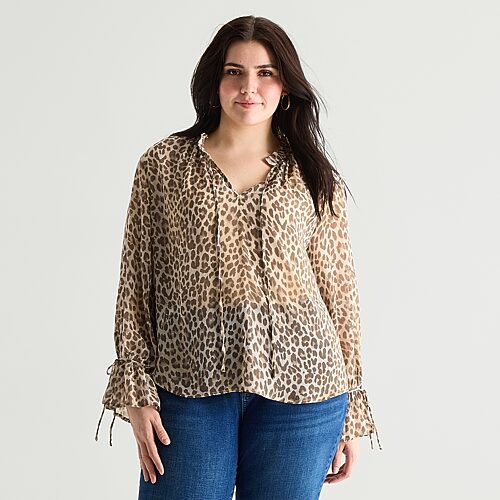 Click here for a.n.a Sheer Womens Plus Split Tie Neck Long Sleeve... prices