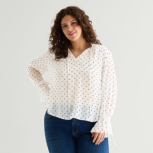 Click here for a.n.a Sheer Womens Plus Split Tie Neck Long Sleeve... prices