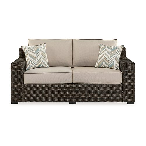 Signature Design by Ashley Coastline Bay Outdoor Loveseat with Cushions  One Size  Brown