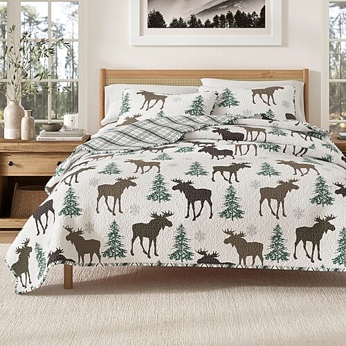 Click here for Linery Moose Trees Reversible Quilt Set  One Size... prices