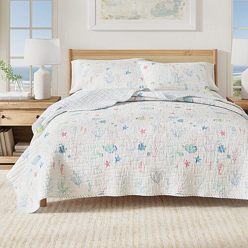 Click here for Reversible Coastal Print Quilt Set  One Size  Blue prices