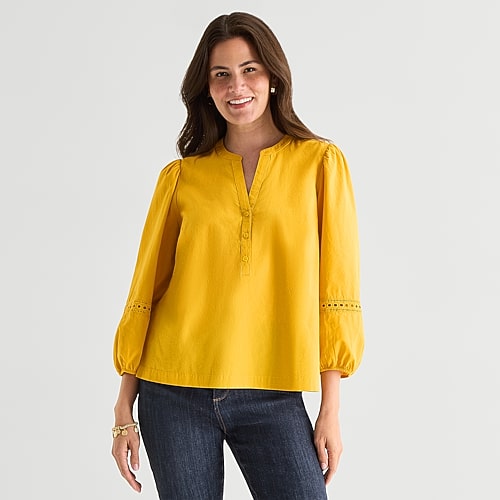 Click here for St. Johns Bay Womens Henley Neck 3/4 Sleeve Blouse... prices