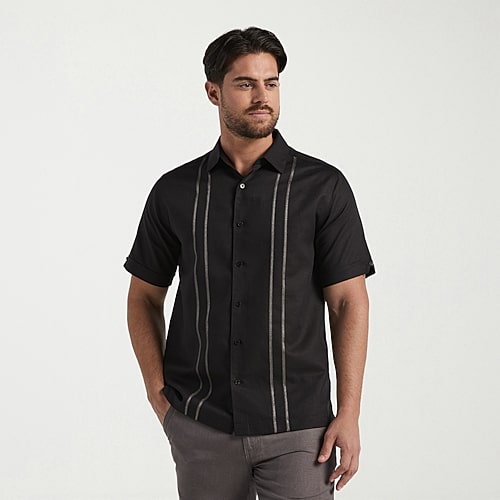 Cubavera Mens Short Sleeve Panel Button-Front Linen Camp Shirt - Jet Black