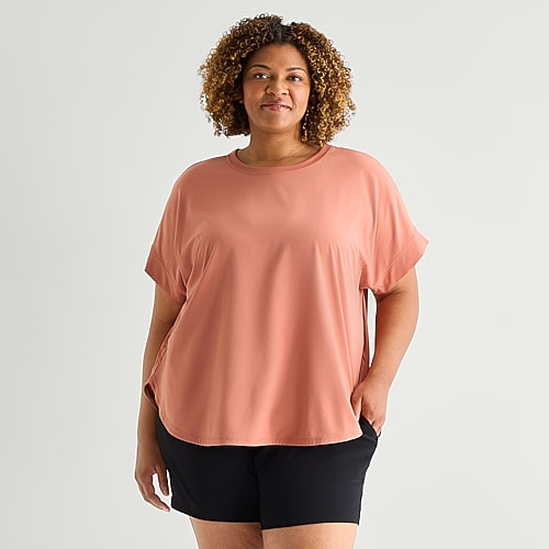 Click here for Stylus Woven Dolman Tee Womens Plus Crew Neck Shor... prices