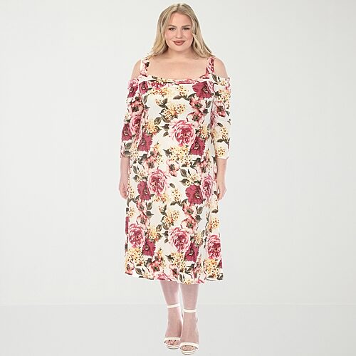 Plus Size White Mark Cold Shoulder 3/4 Sleeve Midi Dress