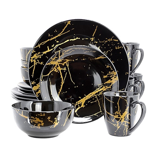 Elama Fine Marble Black 16-pc. Ceramic Dinnerware Set  One Size  Black
