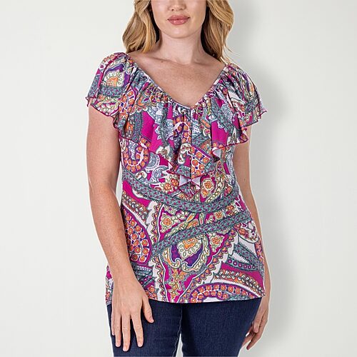 Click here for Womens 24/7 Comfort Apparel Paisley Ruffle V-Neck... prices
