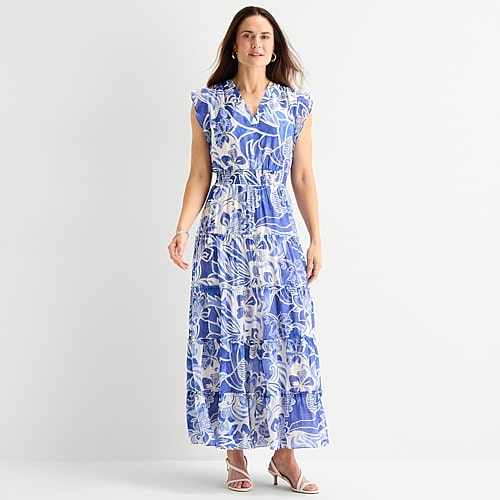 Click here for Womens MSK Flutter Cap Sleeve Tiered Floral Midi D... prices