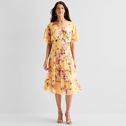 Click here for Connected Womens Floral Chiffon Butterfly-Sleeve D... prices