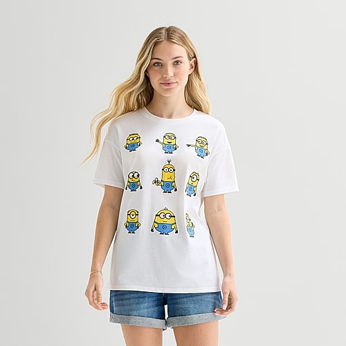 Click here for Minions Grid Boyfriend Tee Womens Juniors Crew Nec... prices