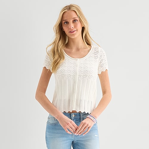 Click here for Arizona Womens Juniors Scoop Neck Short Sleeve But... prices