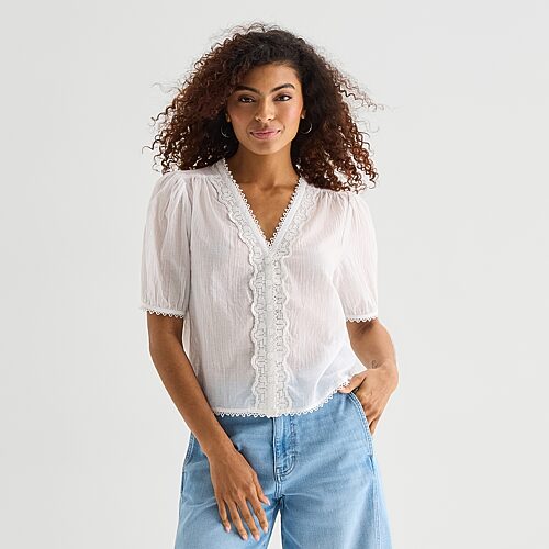 Click here for a.n.a Womens V Neck Short Sleeve Lace Blouse  Peti... prices
